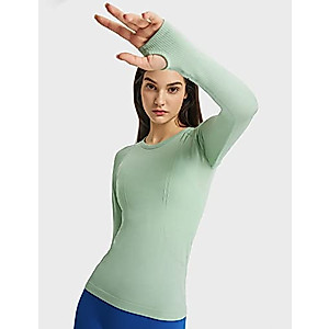 LUYAA Womens Workout Tops Long Sleeve Shirts Yoga Sports Running Breathable Gym Athletic Top Slim Fit Light Green Large
