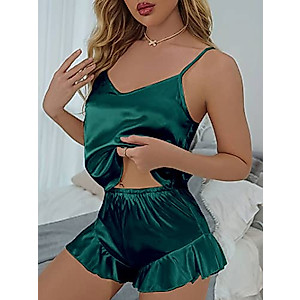 Womens Pajama Sets Sexy Lingerie Satin Sleepwear Cami Shorts Set V Neck Pj Silk Nightwear Dark Green XL