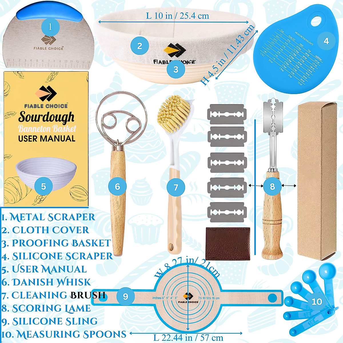 Natural Rattan Banneton Bread Proofing Basket Set - Artisan Sourdough Baking Kit with 10 inch Round Banneton Proofing Basket - Sourdough Bread Baking Supplies for Home Bakers, Baking Gifts for Women