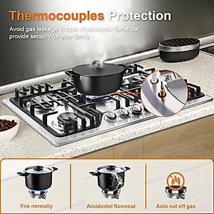 30 Inch Bulit-In Gas Cooktop with Griddle, 5 Italy SABAF Powerful Burners Over 92% High Efficiency, Max 48300BTU Gas Stove Top, 304 Stainless Steel Panel, NG/LPG Convertible, CSA Certified