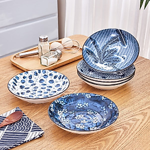 Swuut Ceramic Salad Bowls,Blue and White Pasta Bowls Set of 6,8 inch Floral Dinner Shallow Bowl (8 inch x 6pcs)