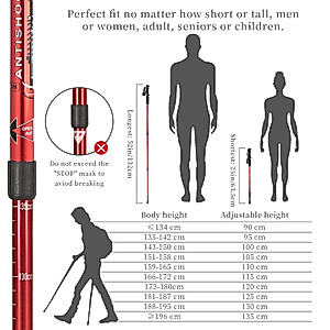 Aihoye Trekking Poles Shock Absorbing Adjustable Hiking or Walking Sticks for Hiking Collapsible Strong, 2-pc Pack Lightweight Walking Pole, All Terrain Accessories and Carry Bag (red)