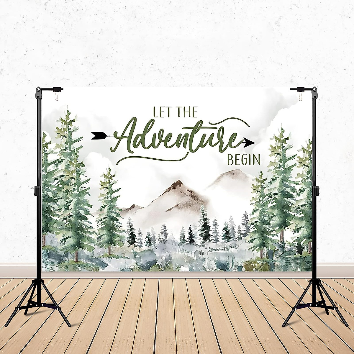 Adventure Awaits Baby Shower Decorations Let The Adventure Begin Backdrop Banner,Tablecloth,Sage Green Balloon Garland for Travel Themed Forest Mountains Woodland Animals Birthday Party Supplies Decor