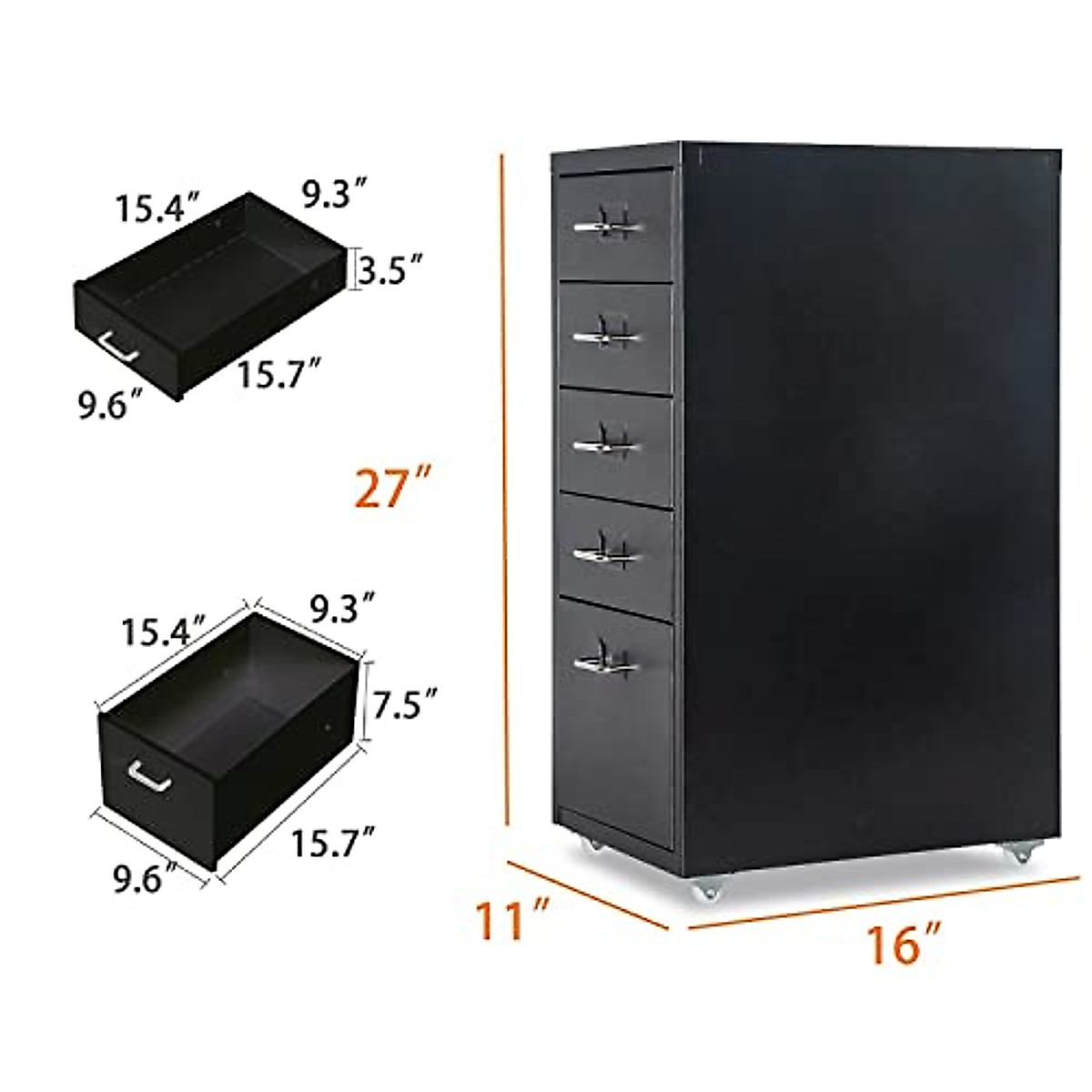corpuwn 5 Drawer Mobile Storage Cabinet, 27" Metal Storage Dresser Cabinet with Castor Wheels,16" Deep Small Organization Chest for Home Office,Easy Assembly Without Screws,Black