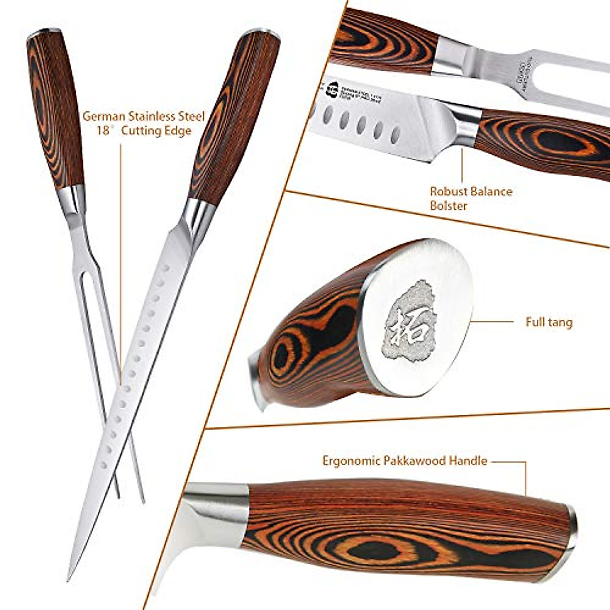 TUO Slicing Set - 9" Carving Knife & 7" Fork - Hollow Ground German Stainless Steel Carving Knife and Fork Set 2 Pcs - Pakkawood Handle - Luxurious Gift Box Included - Fiery Phoenix Series