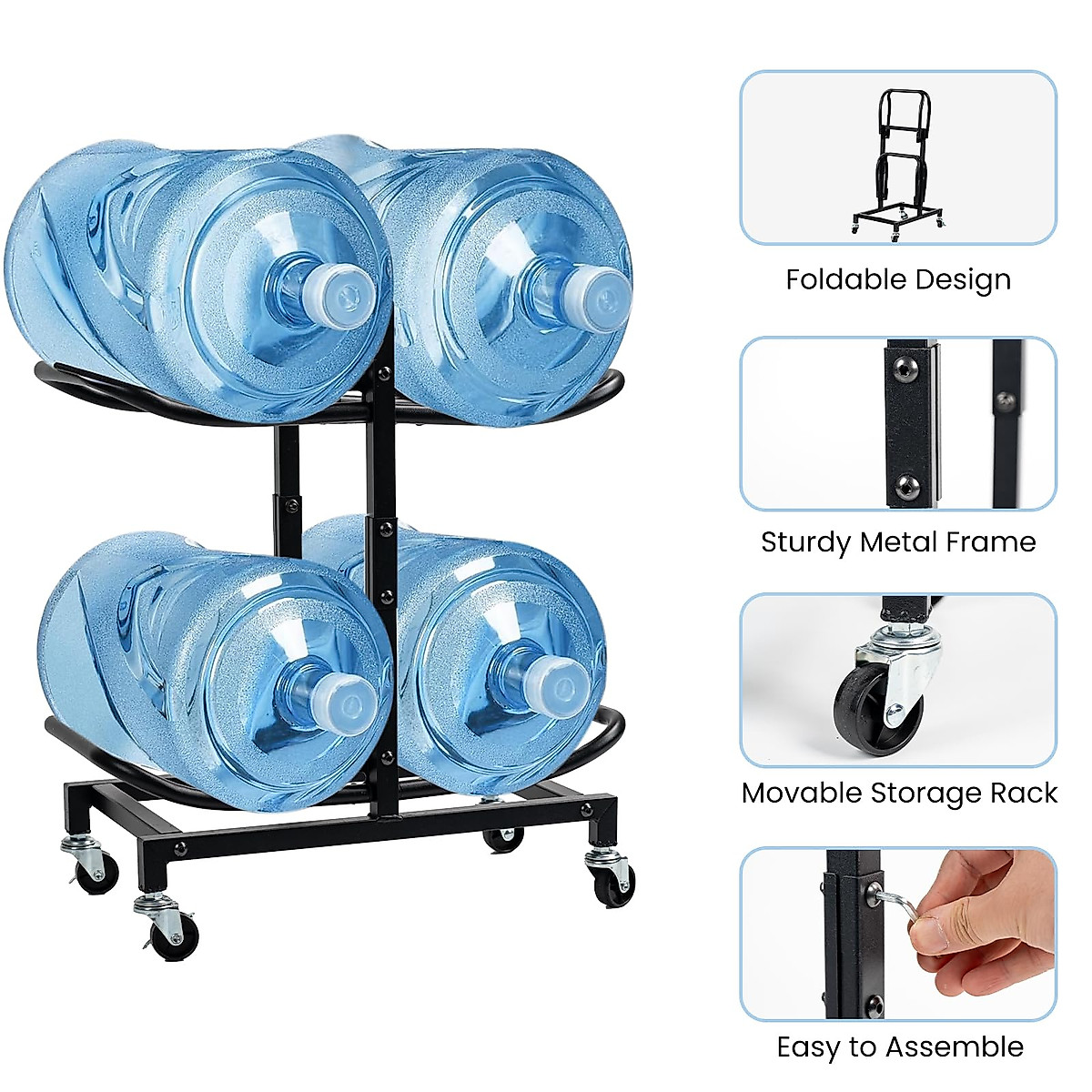 ZOMICE 5 Gallon Water Jug Holder with Wheels,5 Gal Water Jug Storage Rack for 4 Bottles,2-Tier Foldable Water Cooler Jug Stand for 5 Gallon Water Bottle Dispenser