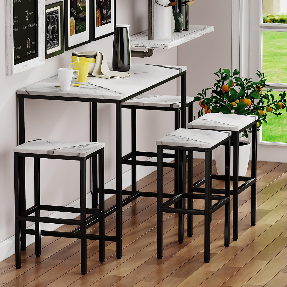 Yongchuang 5 Piece Bar Table Set, Kitchen Bar Table and Chairs Set of 4, Modern Metal Counter Height Table with Stools for Dining Room, Living Room Breakfast Table White Faux Marble Wood Top
