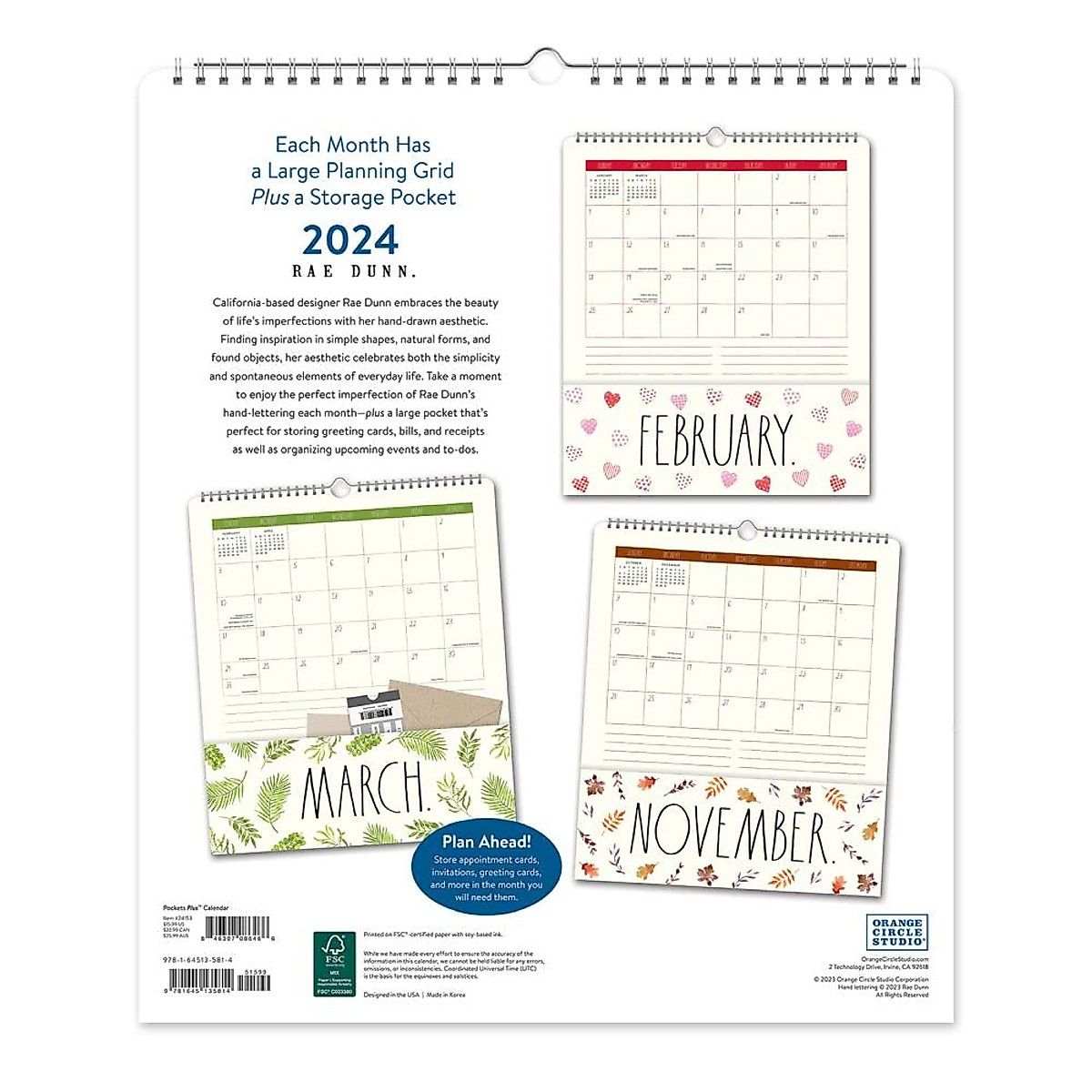 Orange Circle Studio Rae Dunn Pockets Plus Wall Calendar 2024, Large Monthly Planner with Hanging Hook for Home Office, Classroom, School, Family Calendar, Easy Planning and Organizing
