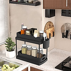 Under Sink Organizer, 2-Tier Under Sink Organizers and Storage with Double Sliding Storage Drawers, Under Sliding Cabinet Basket with Hooks, Hanging Cup, Dividers for Home, Bathroom, Kitchen