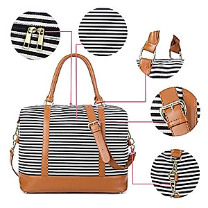 Bluboon Women Ladies Canvas Weekender Bag Overnight Carry-on Tote Duffel in Trolley Handle (BlackStripe)
