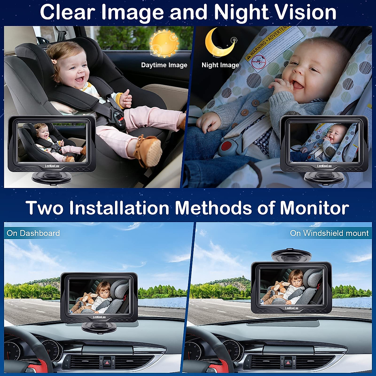 LeeKooLuu Baby Car Camera Display 3 Mins Easy Install - Plug and Play HD 1080P Clear Picture Crystal Night Vision Rear Facing Car Baby Monitor with Camera Wide View Backseat Camera Two Kids LK12