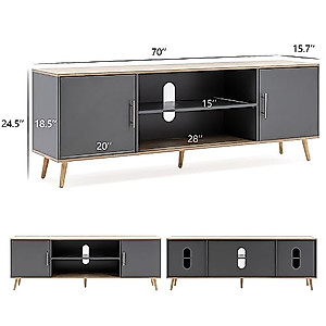 AUXSOUL Mid Century Modern TV Stand for 75 Inch TV, 70 Inch TV Stand with Storage, Entertainment Center for Living Room Bedroom, TV Media Console, Grey & Oak