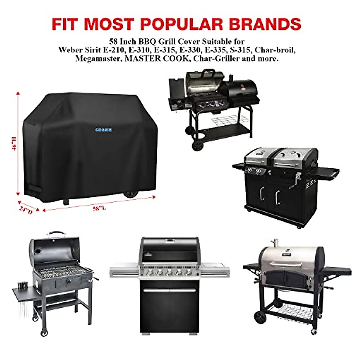 Cegsin 58 Inch Grill Cover, Heavy Duty Waterproof BBQ Grill Cover, UV and Fade Resistant Gas Grill Cover, 600D Outdoor Grill Cover Fits Grills of Weber Brinkman Char-Broil, Etc-Black