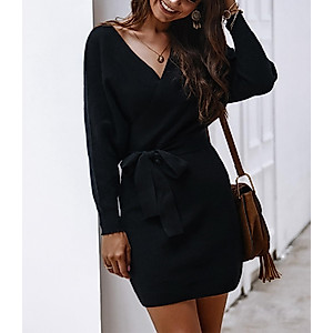 Mansy Women's Sexy Cocktail Batwing Long Sleeve Backless Mock Wrap Knit Sweater Mini Dress (L, Black)