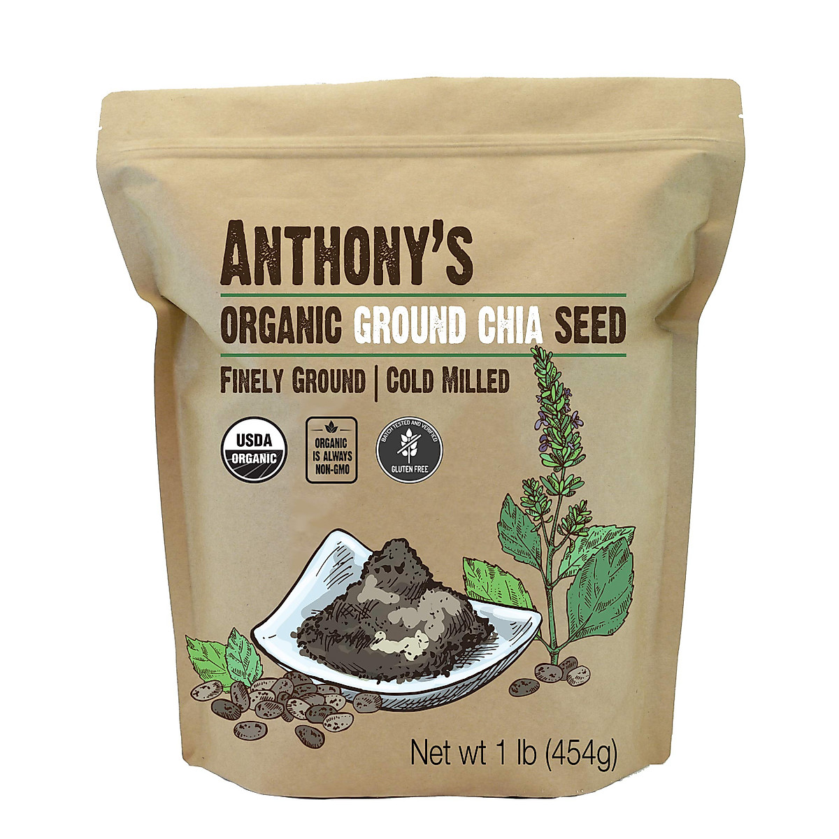Anthony's Organic Ground Chia Seed, 1 lb, Finely Ground, Cold Milled, Gluten Free, Non GMO
