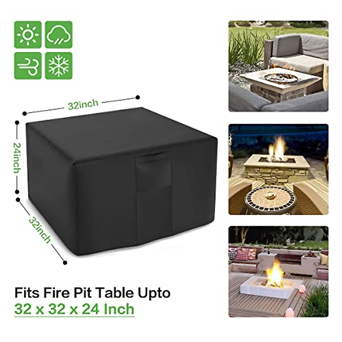 Gillevecara Fire Pit Cover Square 32 inch - Waterproof 600D Heavy Duty Square Patio Fire Pit Table Cover with PVC Coating, Air Vents, Anti-Crack, Fits for 30/31 / 32 inch Fire Pit - 32 x 32 x24 inch