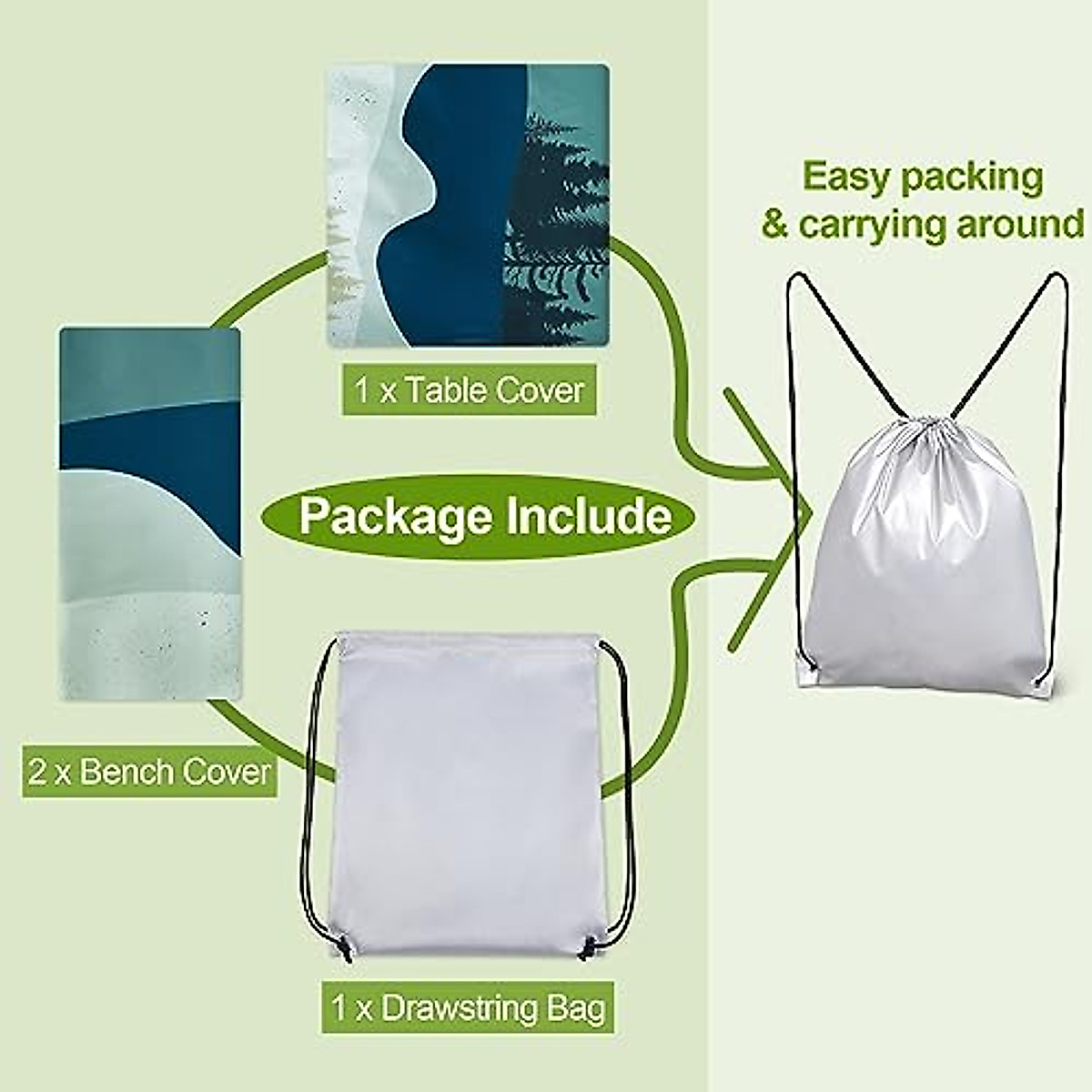 Picnic Table Cover with Bench Covers Camping Essentials Waterproof Windproof Camping Tablecloth with Drawstring Bag, Fitted Rectangle Tables and Seats, 96in, Green Blue