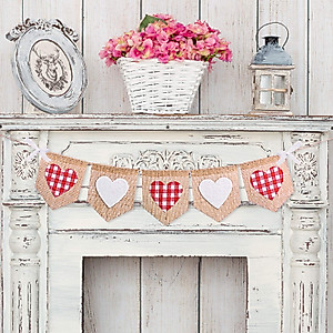 Adurself Heart Burlap Banner Valentine Garland Wedding Engagement Party Vintage Rustic Burlap Buffalo Plaid Red White Check Lace Banner for Valentine's Day Birthday Bridal Shower Anniversary