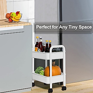 2-Tier Utility Rolling Cart Storage Organizer Sofa Side Table with Wheels, Under Desk Mobile Trolley Organizer with Handle for Office Home Kitchen Organization, White