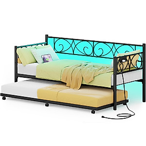 Unikito Daybed with Charging Station and LED Lights, Twin Daybed with Trundle Bed, Metal Sofa Day Bed Frame with Chic Headboard and Steel Slat Support for Living Room, Bedroom and Guest Room, Black