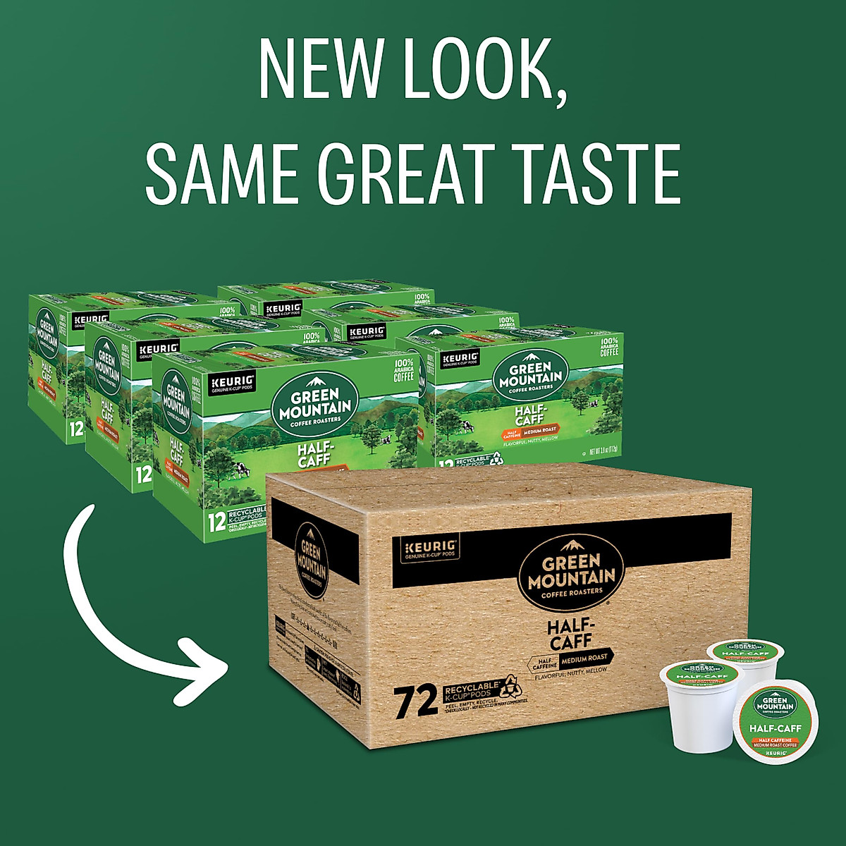 Green Mountain Coffee Roasters Half Caff, Single-Serve Keurig K-Cup Pods, Medium Roast Coffee, 12 Count (Pack of 6), Total 72 Count