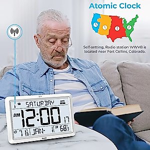 HODIK Atomic Clock with Indoor Outdoor Temperature Wireless, Large 7.5 Inch LCD with Backlight, Self-Setting Battery Powered with High Precision Sensor