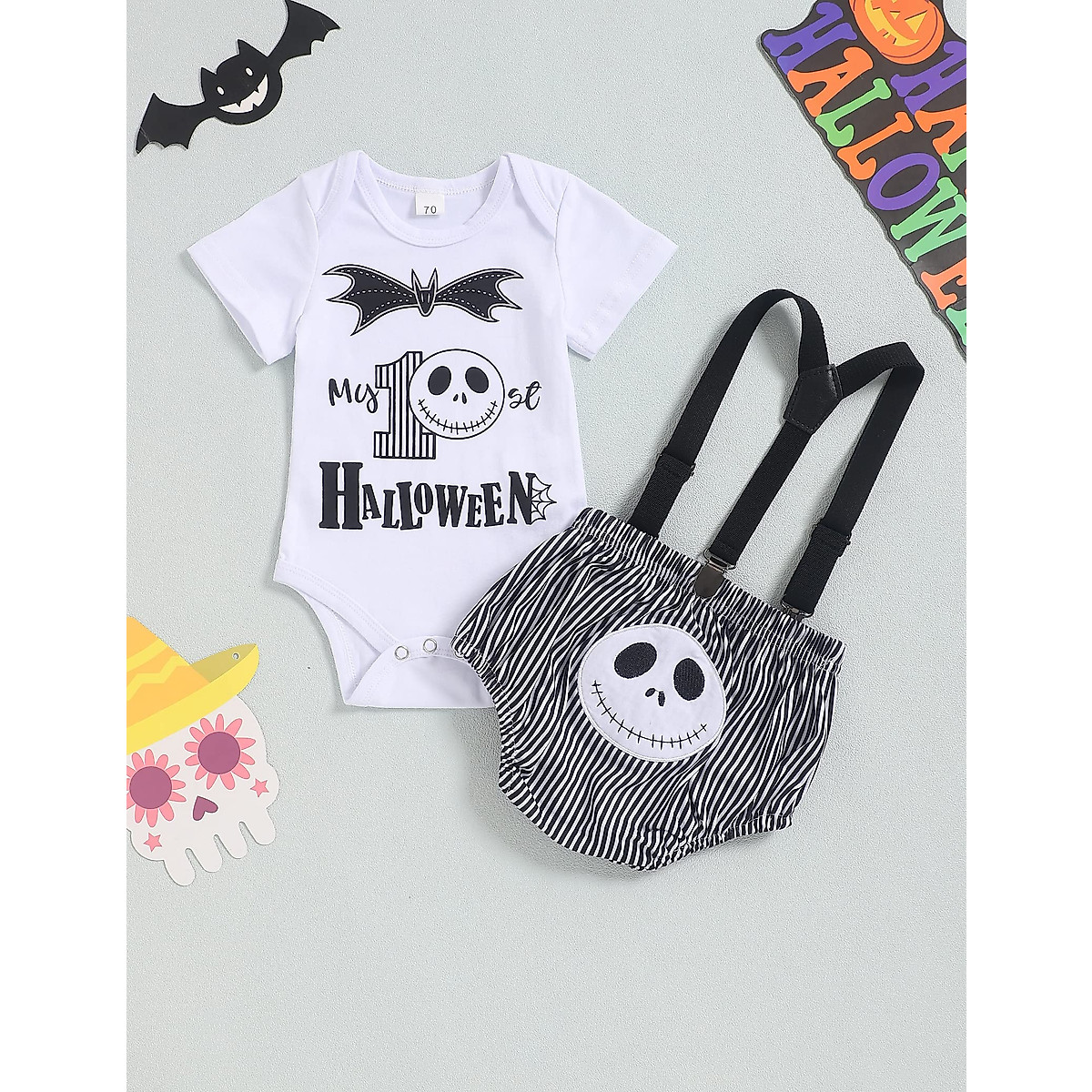 My First Halloween Outfit Baby Boy Newborn Gentleman Suspender Romper and Skull Bottom Halloween Clothing (Skull Striped, 0-3 Months)