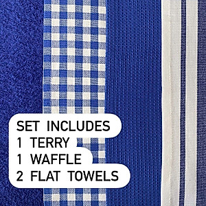 ELOMELO 100% Cotton Kitchen Towel Set with Hanging Loop - Terry, Waffle, Flat Combo Dish Towels for Kitchen - Check, Stripe, Plain Tea Towel Pack of 4, 25x16 in Blue White