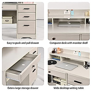 4 EVER WINNER Computer Desk with 4 Drawers and Hutch，Home Office Desk Study Writing Desk with File Drawers and Shelves, Wooden Executive Desk Computer Table Desk for Small Spaces (Off White)