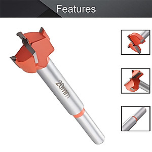 Utoolmart Forstner Drill Bits, 20mm Cemented Carbide Wood Cutter Tool, Round Shank Woodworking Hole Saw Cutter, 85mm Length Woodworking Hole Boring Bit, Orange, 1 Pcs