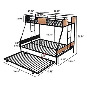 Rophefx Twin Over Full Bunk Bed with Trundle, Metal Bunkbed with Safety Rails and Ladders, Black