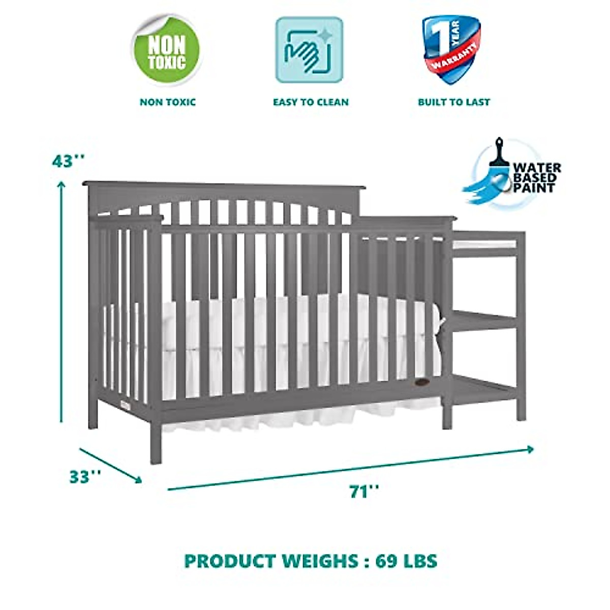 Dream On Me Chloe 5 in 1 Convertible Crib with Changer, Storm Grey