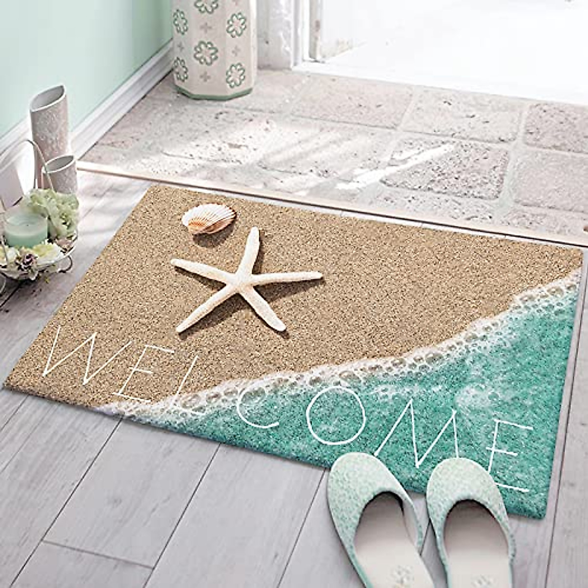 Fluffy Shag Area Rug,Coastal Beach Starfish Shells Ultra Soft Shaggy Carpet for Bedroom Living Room Bathroom Nursery, Teal Sea Water Floor Door Mats Home Decor 24×36in