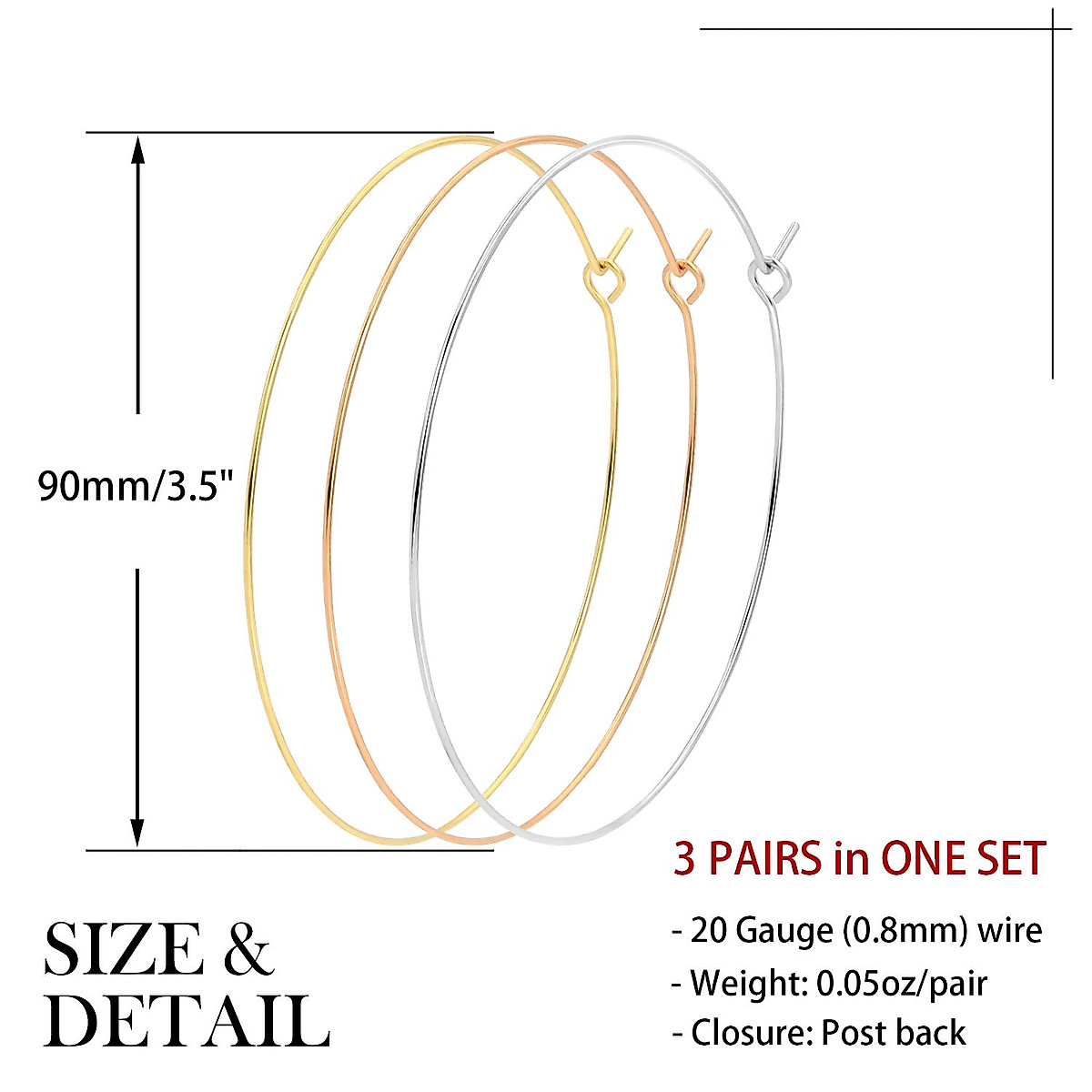 1mm Thin Extra Large Hoop Earrings，3 Pairs Set 90mm Huge Gold Hoops 18k Gold Plated Stainless Steel Big Gold Hoop Earrings for Women