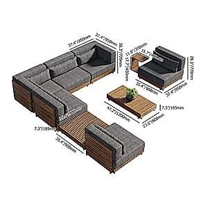JiuZhuo 9 Pieces Outdoor Patio Furniture Sectional Conversation Set Modern L Shape Teak Outdoor Sectional Sofa Set with Wood Coffee Table in Gray(6-Pieces Sofa and 3-Pieces Table)