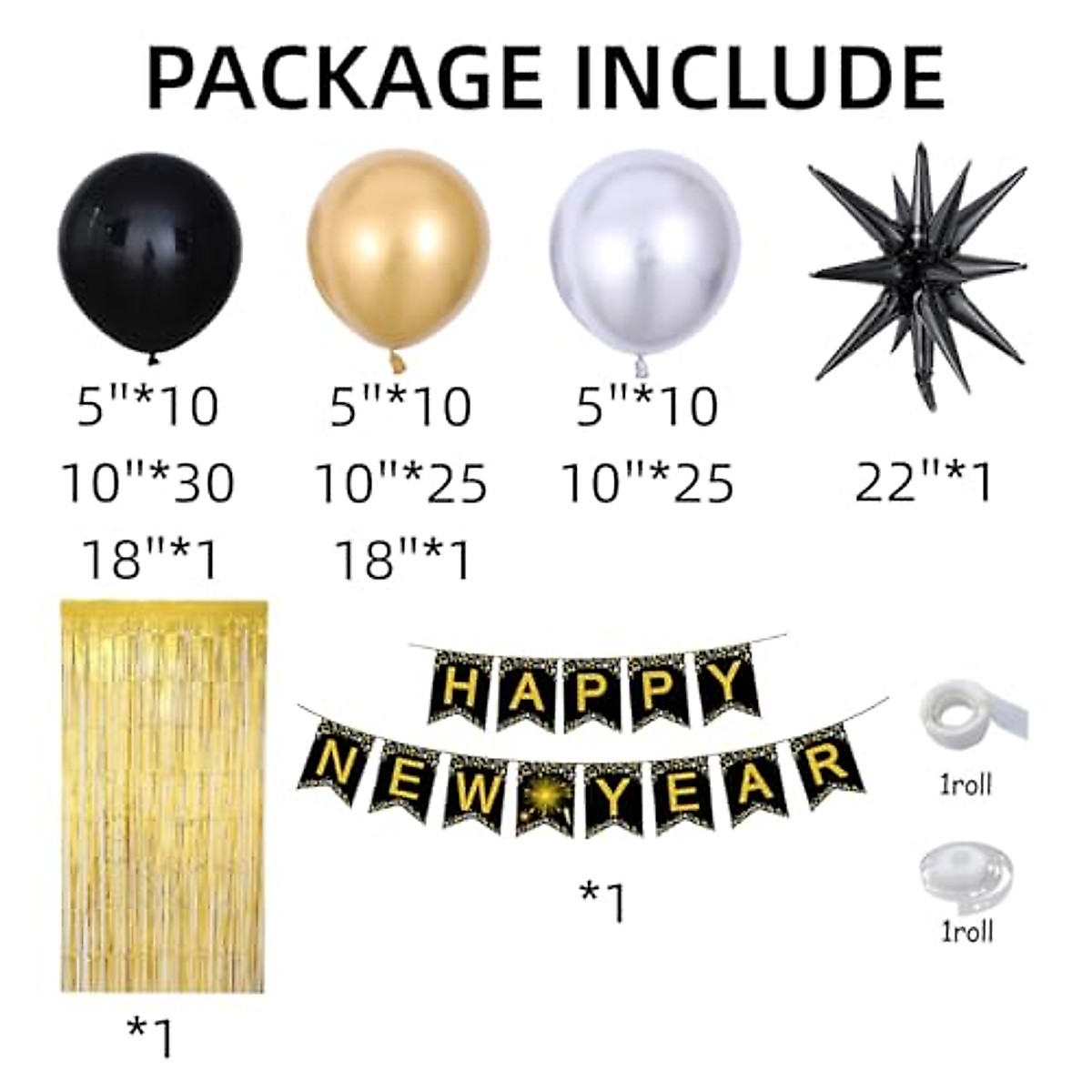 2024 Happy New Year Party Decorations,112PCS Black Gold Silver Balloon Garland Arch Kit,Banner,Foil Fringe Curtains For New Years Eve Birthday Party Supplies