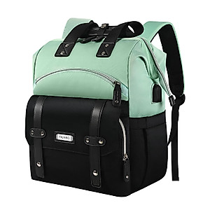 FALANKO Laptop Backpack for Women, Work Doctor Teacher Nurse Wide Open College School Student 15.6 Inch Laptops Bookbag Purse with USB Charging Port,Computer Bag for Men Women Girls Green-Black