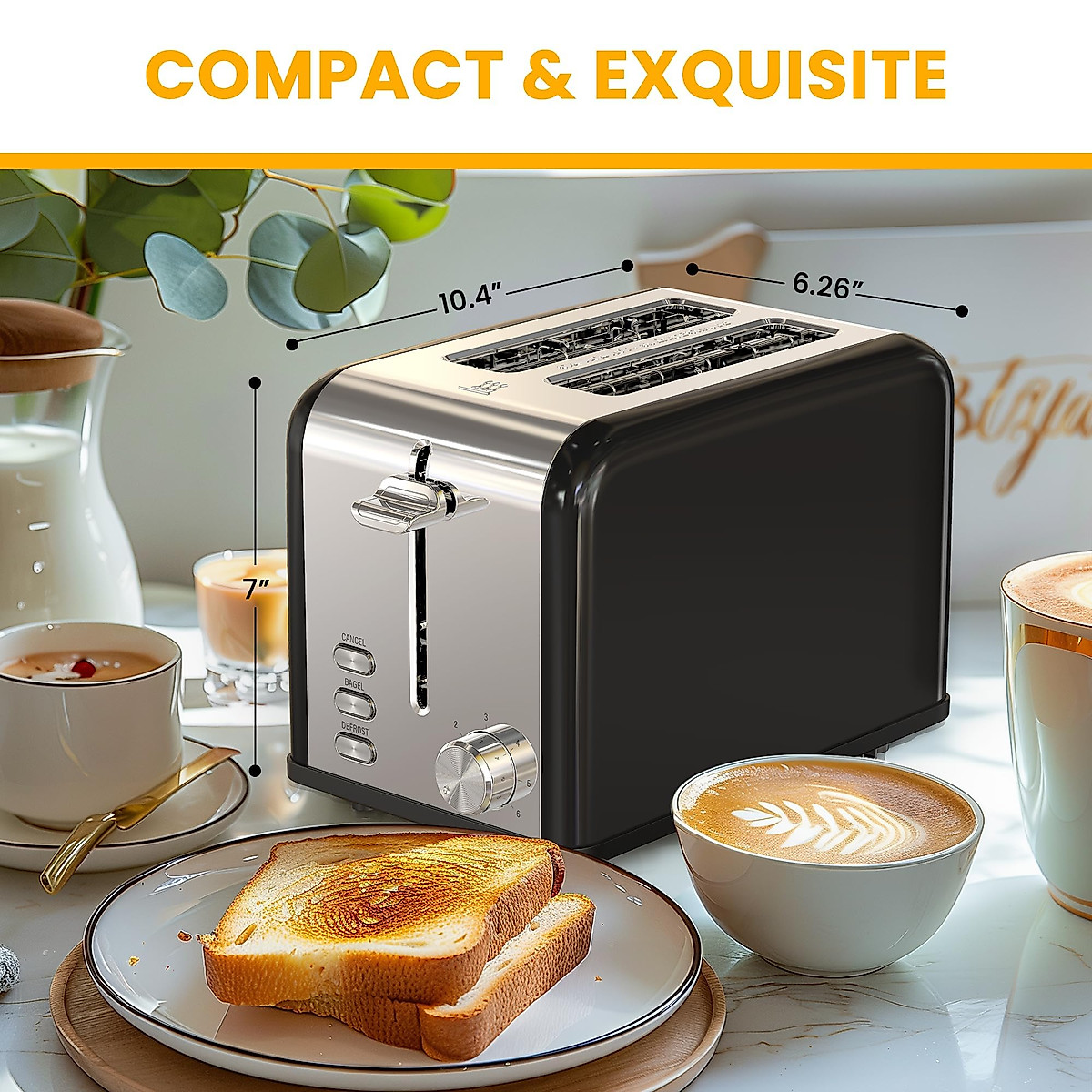 Simple Deluxe 2-Slice Toaster, Stainless Steel Toaster, 6 Browning Setting and 3 Function, Extra Wide Slot & Removable Crumb Tray, for Bread & Waffle, Black