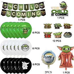 Baby Yoda The Child Is Coming Baby Shower Decorations, Baby Shower Party Supplies with Foil Baby Yoda Balloon, The Child Is Coming Banner, Cake Toppers, Balloons for Kids Boys Party