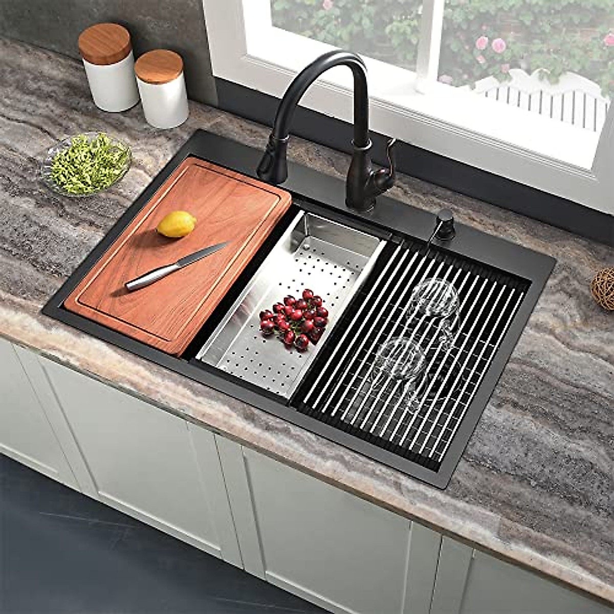 30 Inch Black Drop in Kitchen Sink Workstation, Jshozzy 30x22 Drop-in Top Mount Kitchen Sink Stainless Steel Black Kitchen Sink Single Bowl Deep Kitchen Sink with Offset Drain