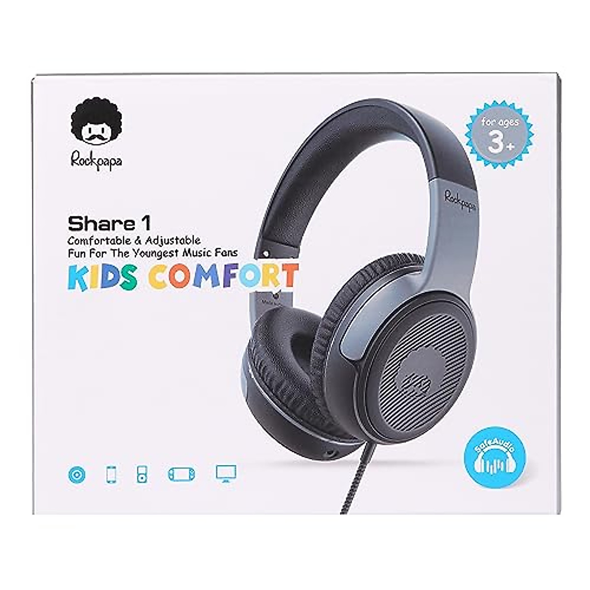 rockpapa Share 1 Kids Headphones Wired with Microphone & Share Port, 85dB/94dB Volume Limited, Cute Foldable Student Child Boys Girls Headphones for School/Classroom/Travel Black/Grey