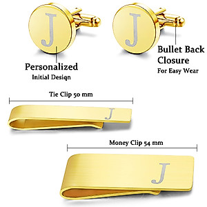 LOYALLOOK 4Pcs Stainless Steel Engraved Initial Cufflinks and Tie Bar Money Clip Set Personalized Button Shirt Initials Tie Clip Alphabet Letter A-Z for Best Man Groom Wedding Business Letter J