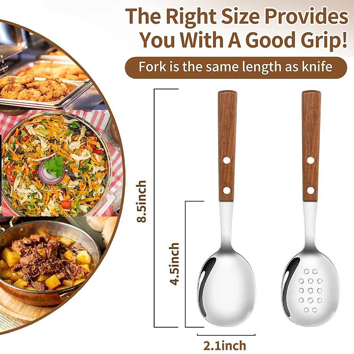 4-Piece Serving Spoons Set - Includes 2 Serving Spoons and 2 Slotted Spoons, 18/8(304) Stainless Steel Buffet Serving Utensils,Stainless Steel Wooden Serving Utensil