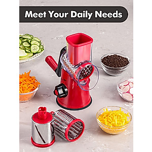 LucGee Rotary Cheese Grater with Handle - 3 in 1 Cheese Shredder Rotary Grater Stainless Steel Handheld, Vegetable Slicer for Fruit, Cheese, Nuts(Red)