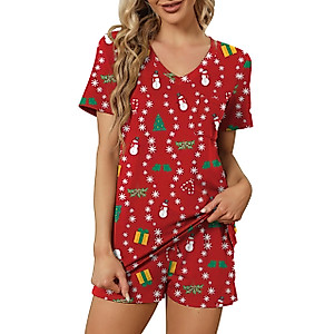 RUBZOOF Christmas Pajamas for Women Shorts Set Snowman Print Casual Soft V Neck 2 Piece Lounge Sets with Pockets S