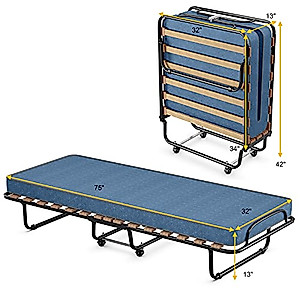 KOMFOTT Rollaway Bed with 4” Mattress, Folding Bed with Memory Foam Mattress for Adults, Portable Guest Bed with Sturdy Steel Frame, Made in Italy