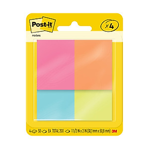 Post-it Mini Notes, 1.5x2 in, 4 Pads, America's #1 Favorite Sticky Notes, Cape Town Collection, Bright Colors (Magenta, Pink, Blue, Green), Clean Removal, Recyclable (653-8AF)