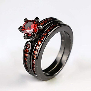 Gy Jewelry Two Rings His and Hers Wedding Ring Sets Couples Rings Women's 2PC Black Gold Filled Red Agate Cubic Zirconia Wedding Engagement Ring Bridal Sets & Men's Tungsten Carbide Wedding Band