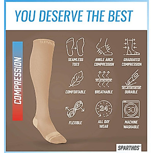 Sparthos Circulation Socks (20-30 mmHg) Wide Calf - Knee High Sock for Compression, Travel, Medical Support, Pregnancy, Nurses - Dr Sock Soothers Ankle Brace - Mens and Womens Plus (Beige-LXL-Wide)