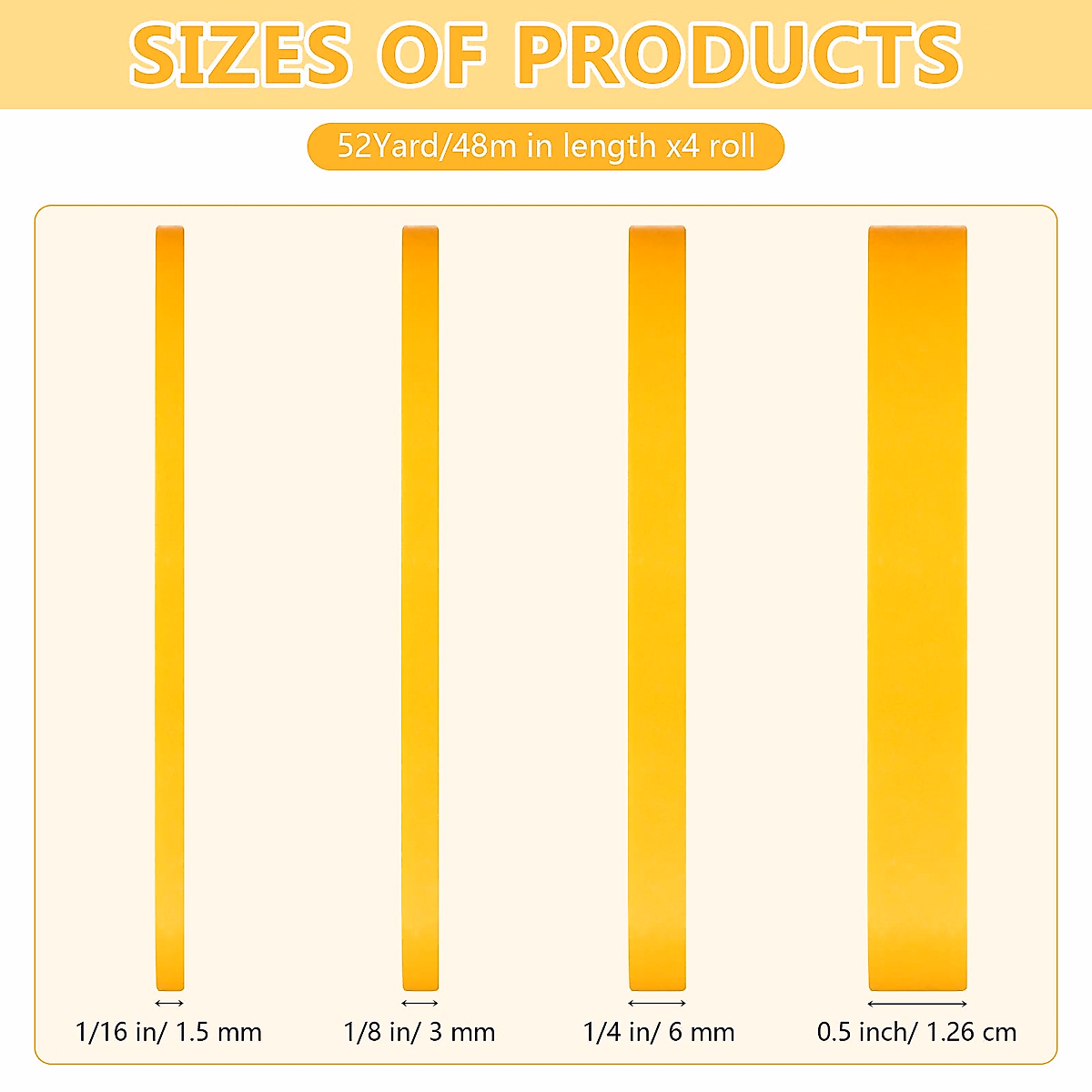 Epakh 4 Rolls Pinstripe Tape, Masking Tape in 1/16, 1/8, 1/4 and 1/2 Inch Wide x 52 Yard Long, Painters Automotive Masking Tape for DIY Car Auto Paint Art (Yellow)